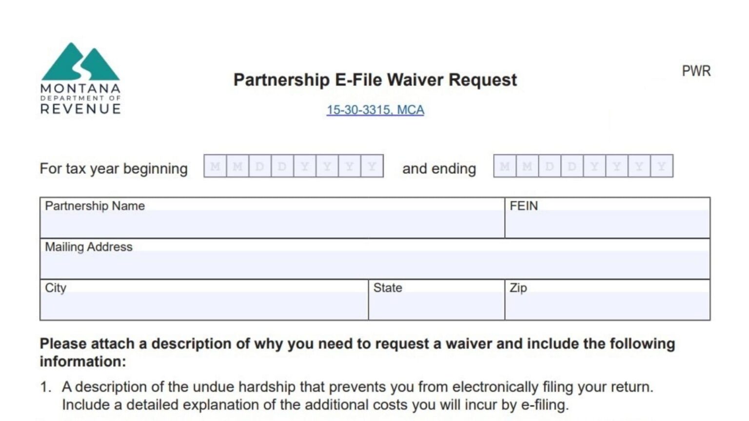 Montana Form PWR Instructions 2025 - 2026