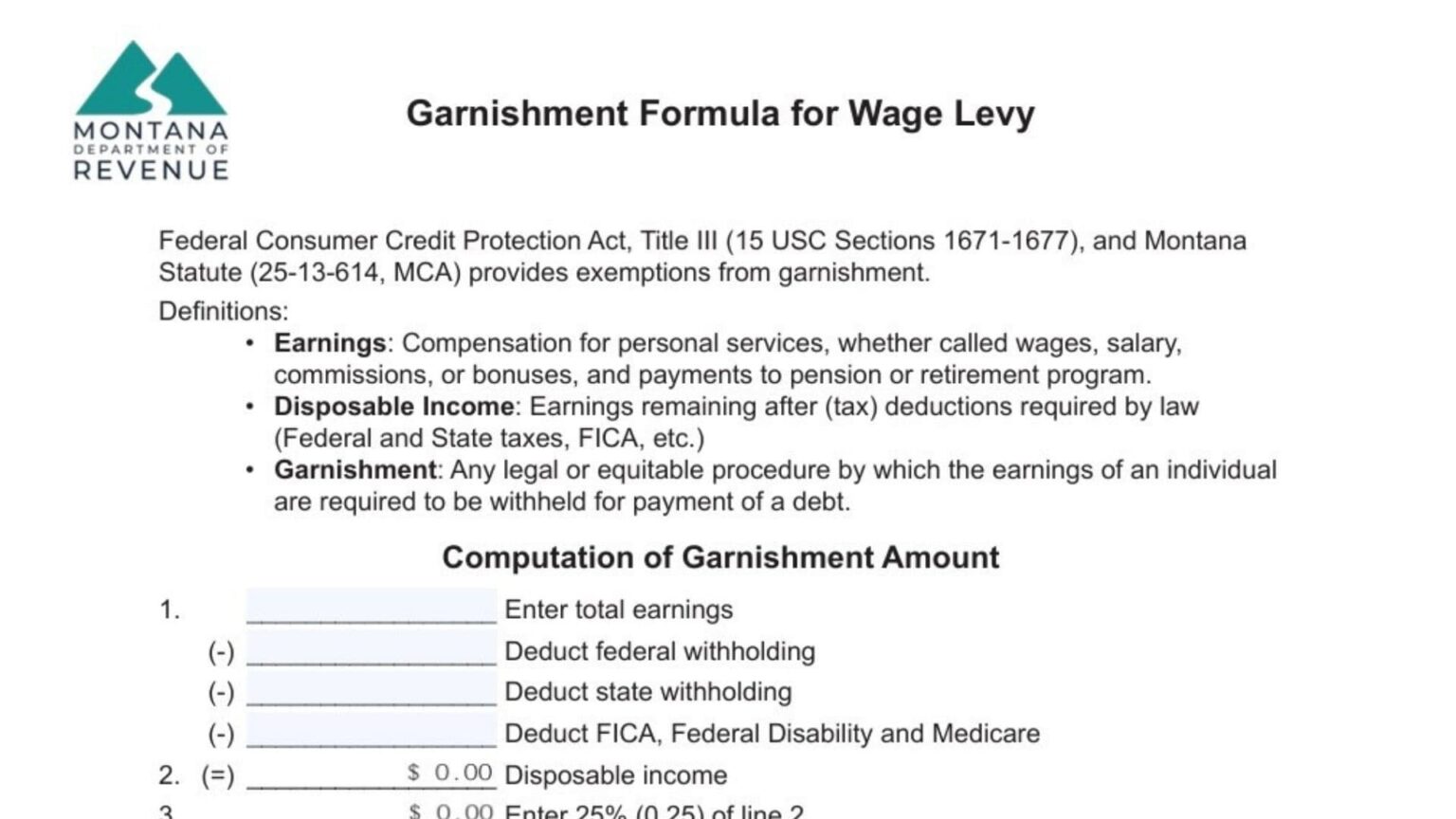 Montana Garnishment Formula For Wage Levy Form Instructions 2025 - 2026