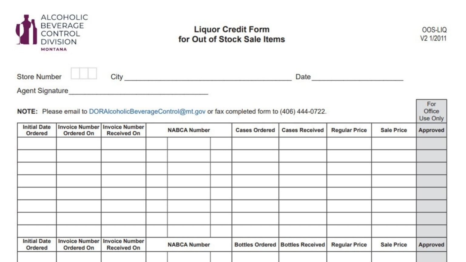 Montana Liquor Credit Form For Out Of Stock Sale Items Instructions ...
