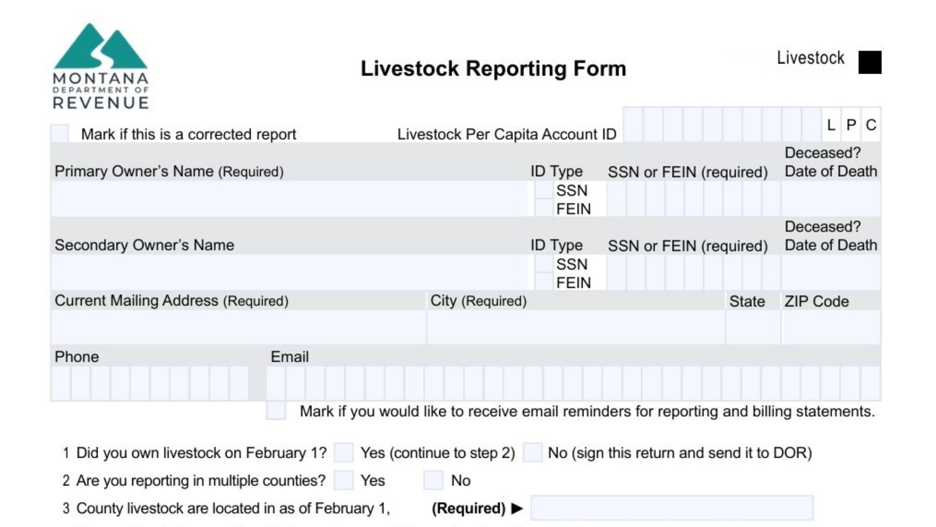 Montana Livestock Reporting Form Instructions 2025 - 2026
