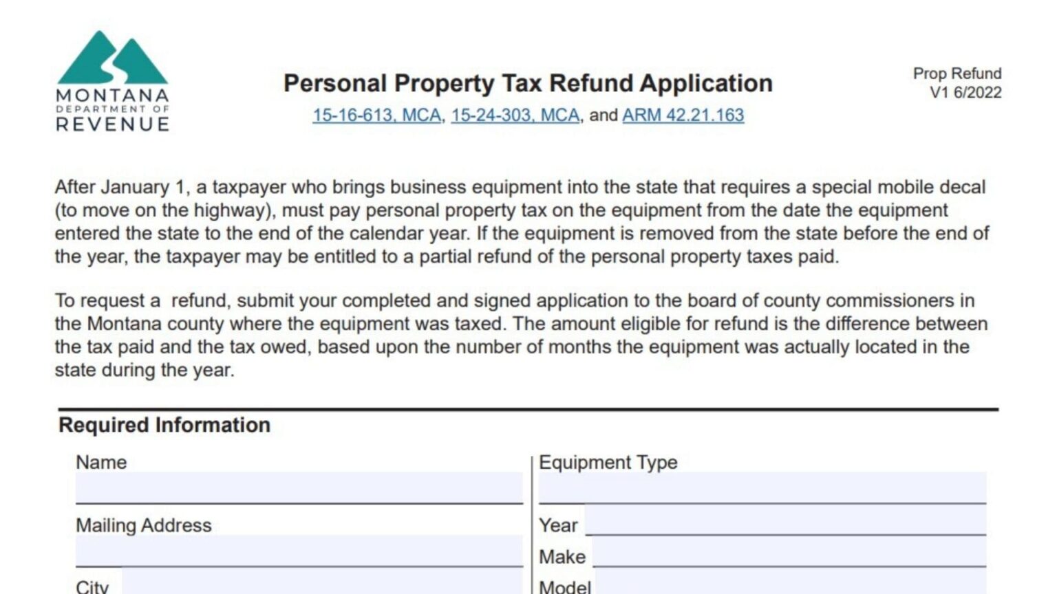 Montana Personal Property Tax Refund Application Form Instructions 2025 ...
