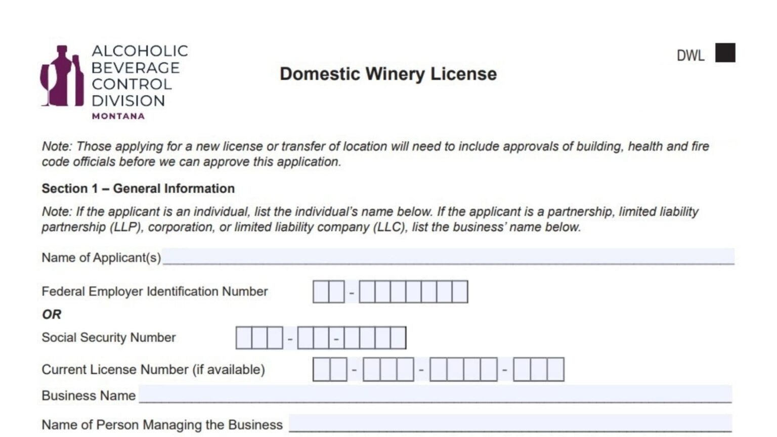 Montana Domestic Winery License Application Form DWL Instructions