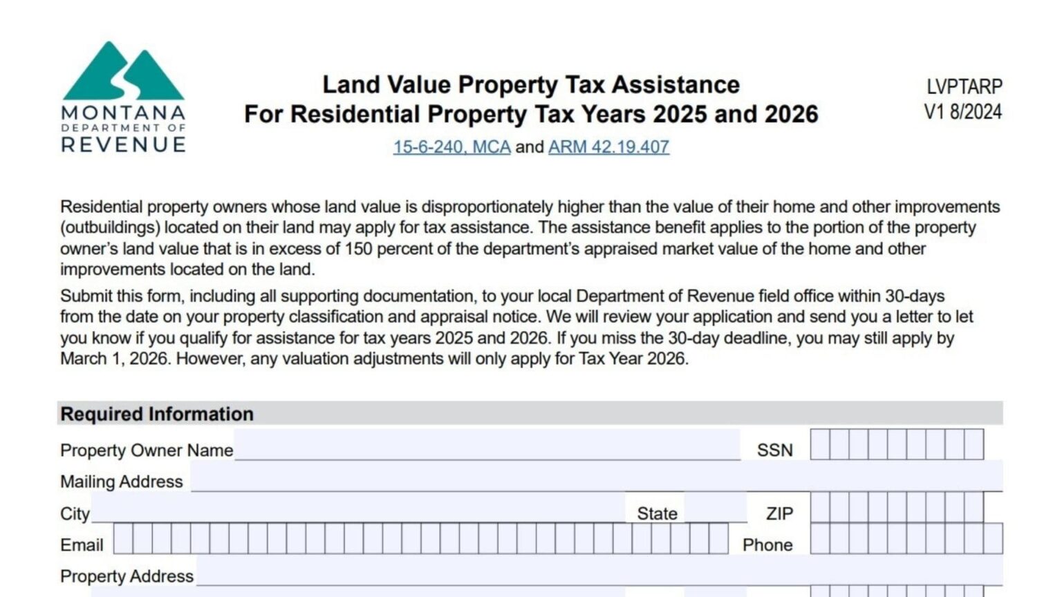Montana Form LVPTARP Instructions