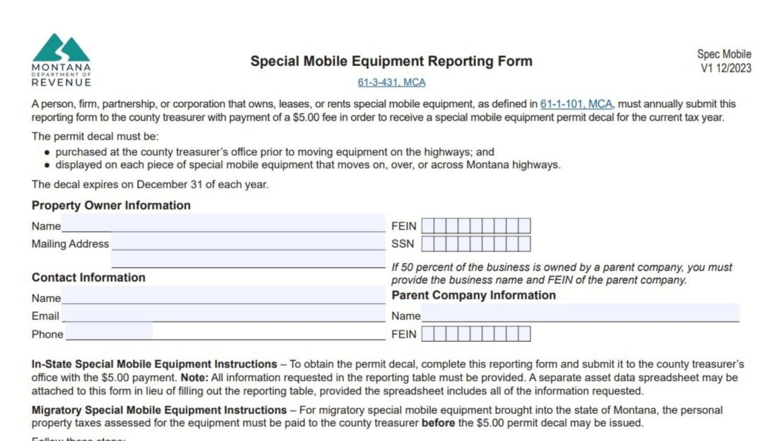 Montana Special Mobile Equipment Reporting Form Instructions