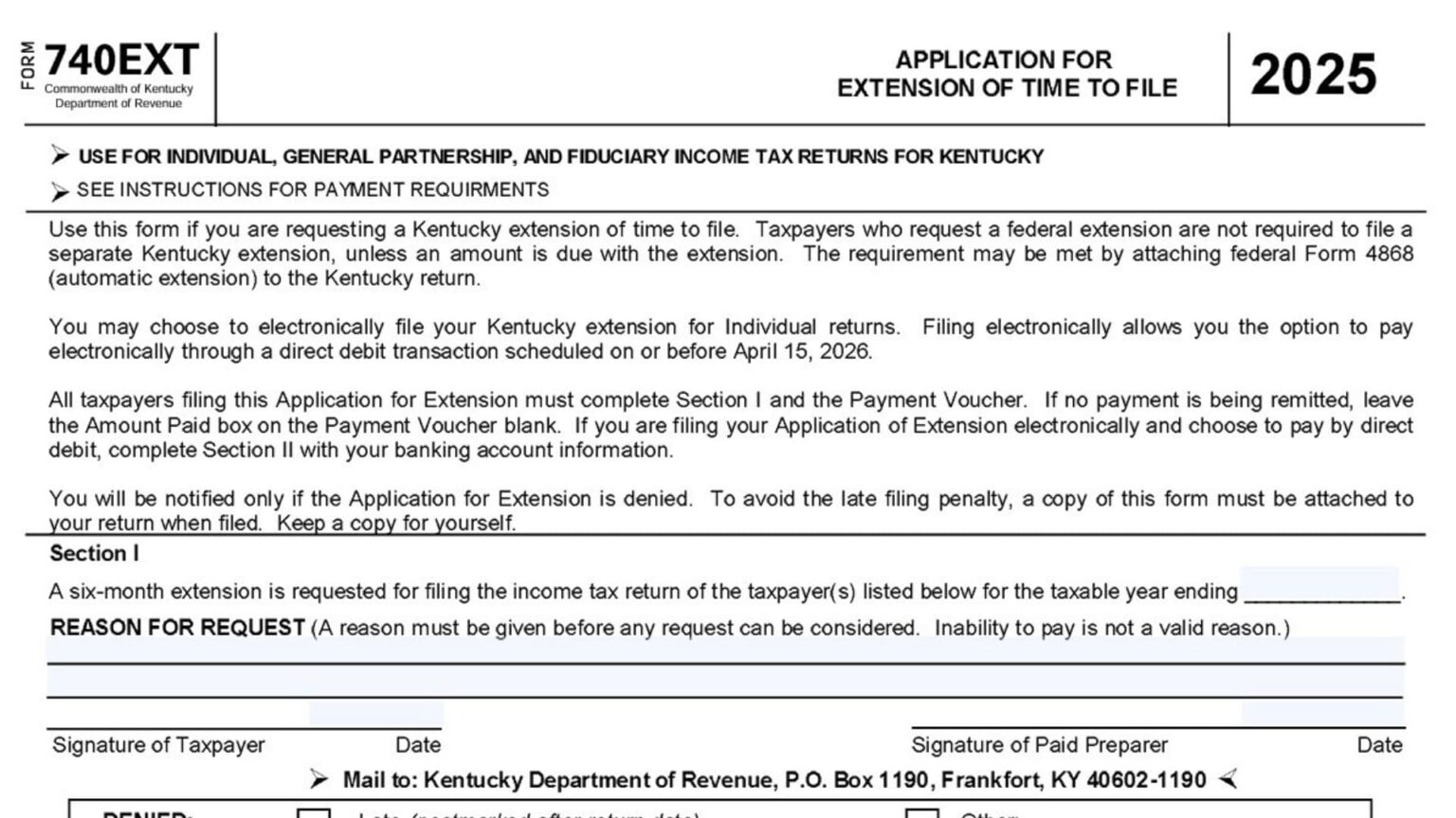 Kentucky Form 740EXT Instructions 2025 - 2026