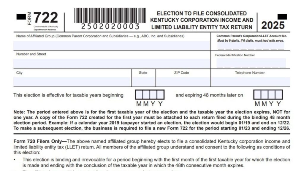 Kentucky Form 722 Instructions 2025 - 2026