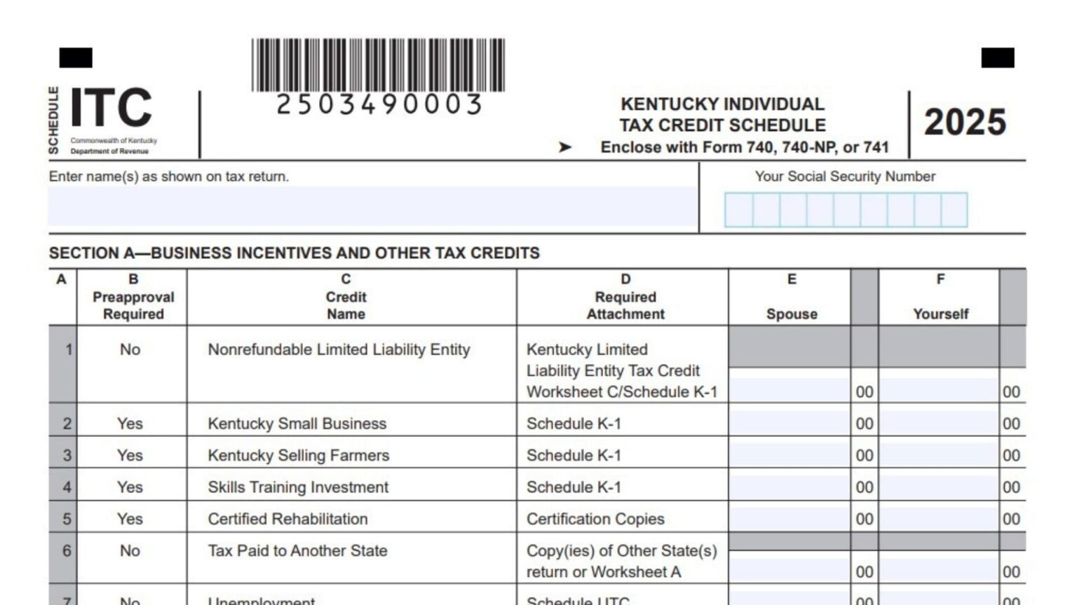 Kentucky Schedule ITC Instructions 2025 - 2026